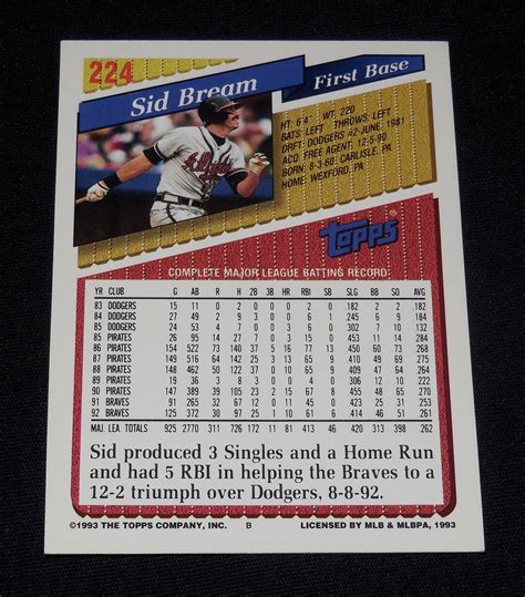 Sid Bream 1993 Topps Autographed Baseball Card Atlanta Braves Ebay