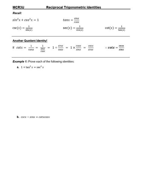 Reciprocal Trigonometric Identities Blank Pdf