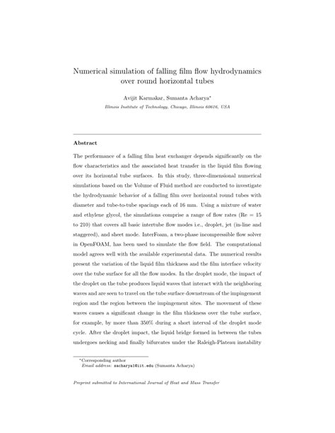 Pdf Numerical Simulation Of Falling Film Flow Hydrodynamics Over Round Horizontal Tubes