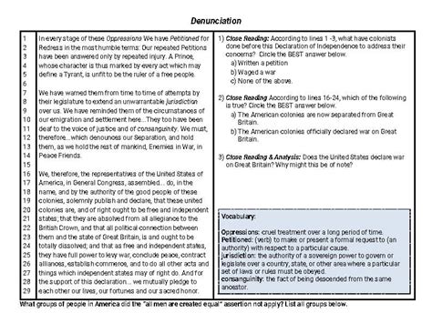 Analysis Of The Declaration Of Independence Activity With Answer Key