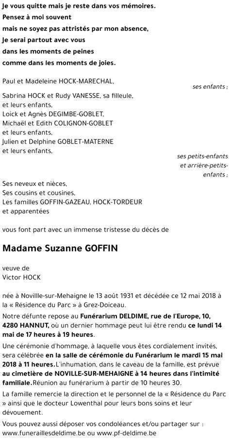 Avis De Décès De Suzanne Goffin Décédé Le 12052018 à Grez Doiceau Annonce Condoléances