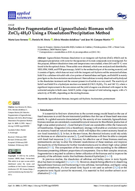 Pdf Selective Fragmentation Of Lignocellulosic Biomass With Zncl2·4h2o Using A Dissolution