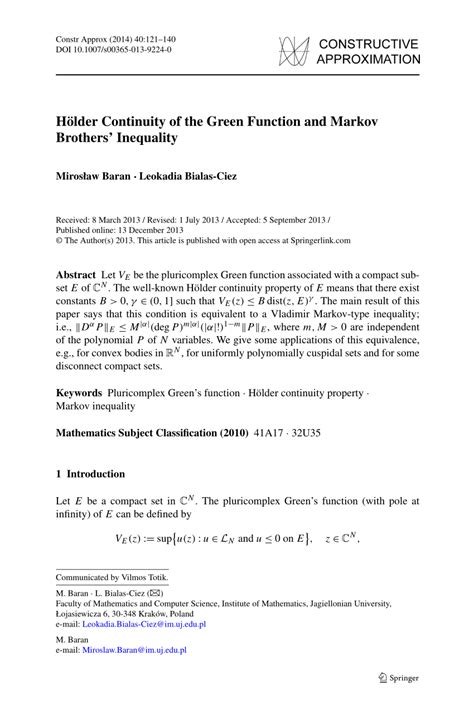Pdf Hölder Continuity Of The Green Function And Markov Brothers Inequality
