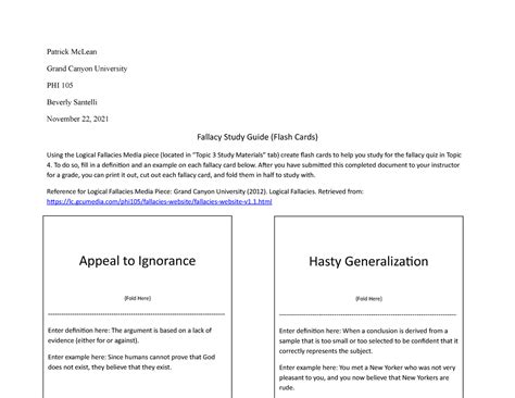 PHI 105 T3 Fallacy Study Guide Patrick McLean Grand Canyon University PHI 105 Beverly Santelli