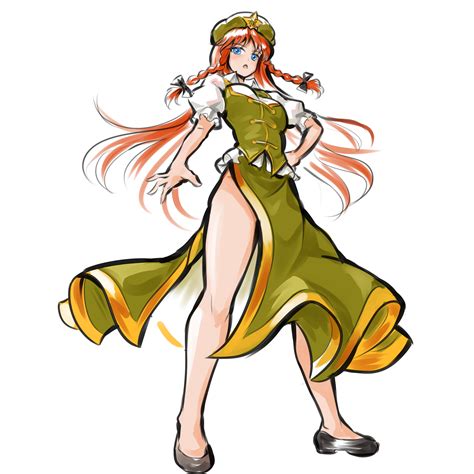 Edz Drawz Hong Meiling Touhou Absurdres Highres Beret Blue Eyes Braid Green Vest Hat