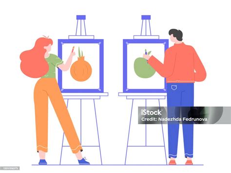 이젤에 남자와 여자 예술가들은 페인트를 하는 법을 배웁니다 걸작 창조 창조적 인 직업 성인의 취미 그리기 코스 벡터 플랫 일러스트레이션 교실에 대한 스톡 벡터 아트 및 기타