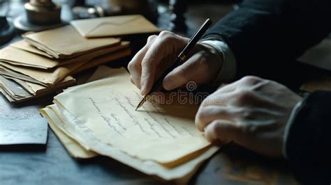 A Pair Of Adult Hands Writes With A Fountain Pen On Cream Colored Paper