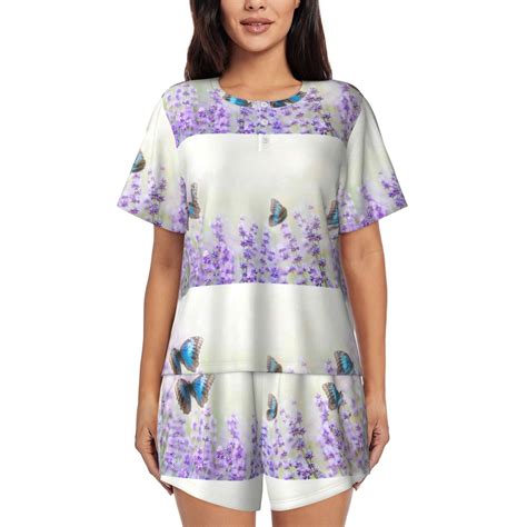 Vsdgher Lavender And Butterfly Pattern Womens Pajamas 2 Piece Short