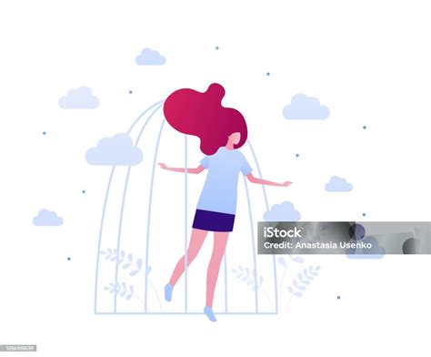 심리학 감정 및 심리 치료 환자 개념 벡터 플랫 인물 일러스트레이션 케이지 감옥에서 나가는 여성 캐릭터 정신 건강 및 가정 학대 배너 웹디자인 요법에 대한 스톡 벡터 아트