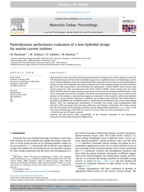 Pdf Hydrodynamic Performance Evaluation Of A New Hydrofoil Design For Marine Current Turbines