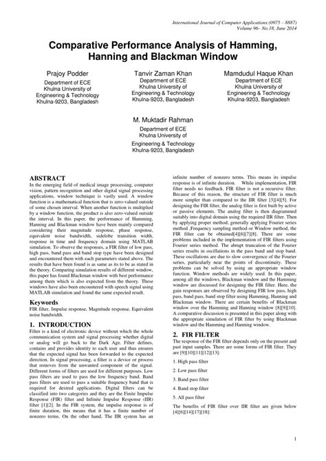 Pdf Comparative Performance Analysis Of Hamming Hanning And Blackman