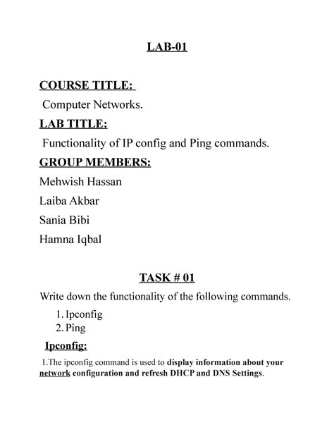 nw lab 01 this is the lab document about the funcionality of ping and