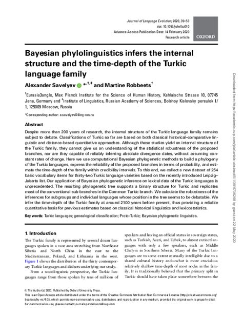 Pdf Bayesian Phylolinguistics Infers The Internal Structure And The Time Depth Of The Turkic