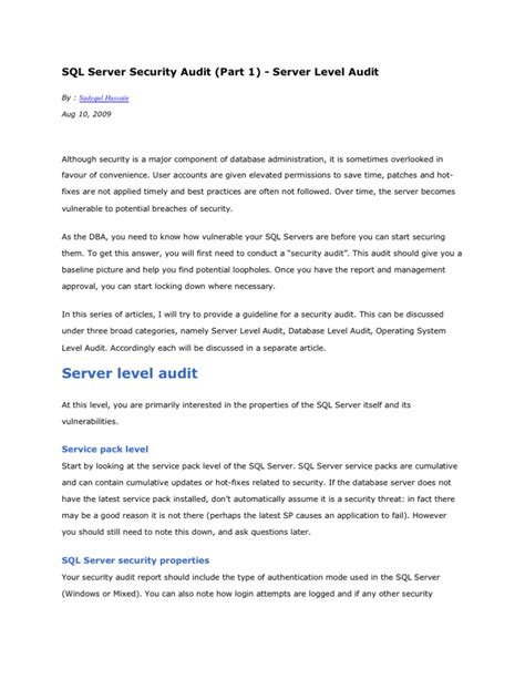 Sql Server Security Audit Pdf System Administrator Microsoft Sql Server