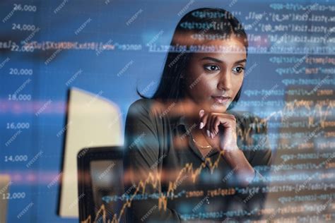 Premium Photo Computer Code Hologram And Woman Thinking Of Data Analytics Information