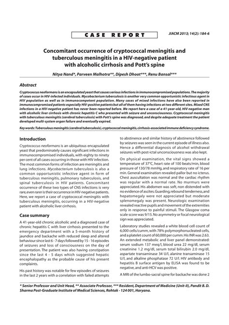 Pdf Concomitant Occurrence Of Cryptococcal Meningitis And Tuberculous Meningitis In A Hiv