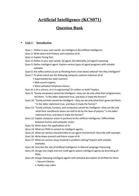 Artificial Intelligence Question Bank Artificial Intelligence Kcs071 Question Bank Unit 1