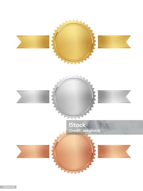금 은 동메달 와 수평 리본 세트 벡터 일러스트 레이 션 흰색에 격리된 3d 사실적인 수상 인장 라벨 인증서 배지 수상자를 위한 황금색 디자인 요소 금메달에 대한 스톡 벡터