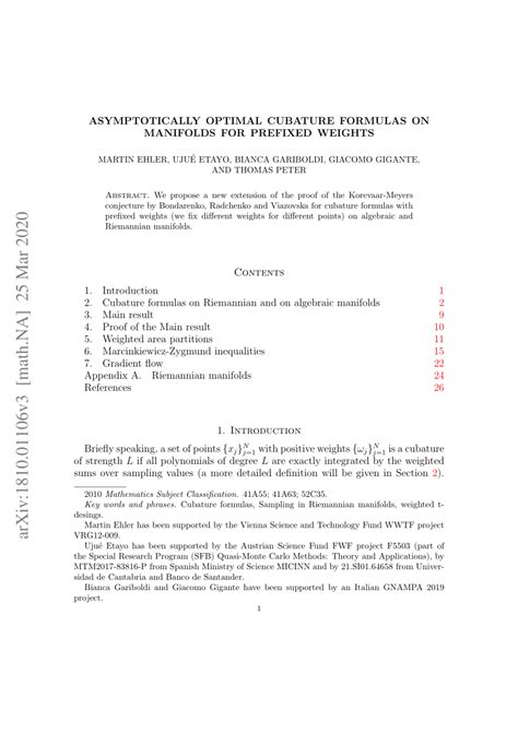 Pdf Asymptotically Optimal Cubature Formulas On Manifolds For Prefixed Weights