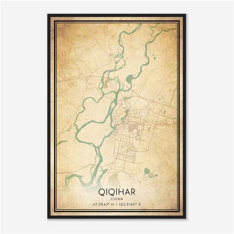Vintage Qiqihar China Map Poster Qiqihar City Road Wall Art Print
