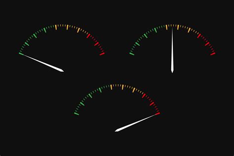 Set Of Simple Vector Tachometers With Indicators In Red Yellow And Green Part Speedometer Icon