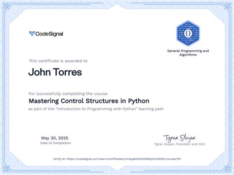 Just Received A Course Certificate Mastering Control Structures In Python On Codesignal