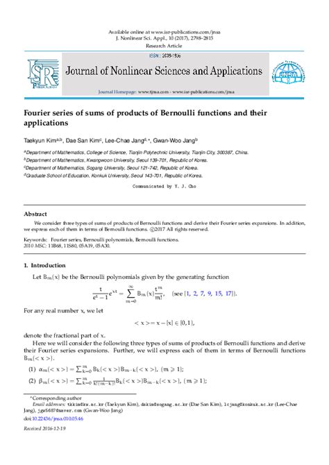 Pdf Fourier Series Of Sums Of Products Of Bernoulli Functions And Their Applications