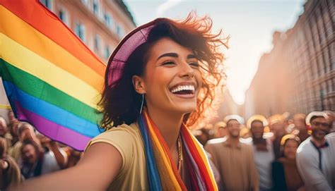 A Woman In A Rainbow Colored Shirt Holds A Rainbow Flag Premium Ai Generated Image