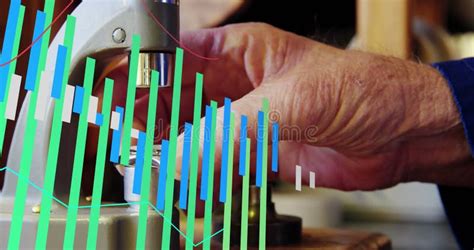 Animation Of Graph Over Cropped Hands Of Caucasian Man Using Equipment To Repair Watch Stock