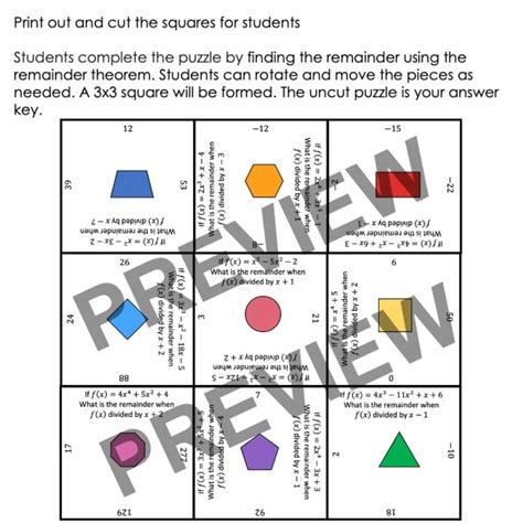 Using The Remainder Theorem For Polynomials Activity Puzzle Tpt