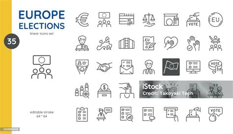 2024년 유럽 선거 아이콘 세트 투표 및 민주주의 기호 투표함 Eu 의회 투표용 손 체크 표시 및 토론 엠블럼이 포함되어