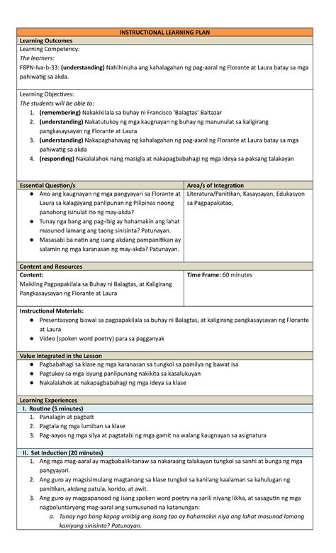Florante At Laura Instructional Learning Plan Instructional Learning