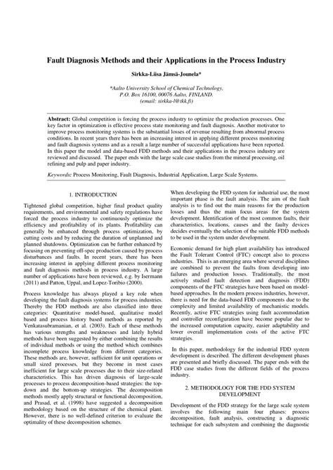 PDF Fault Diagnosis Methods And Their Applications In The Process Industry