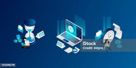 아이소메트릭 시간 관리 조직 개념 비즈니스 아이콘 및 작업 시간을 계획하는 사람들 제 시간에 작업을 수행하고 일정 기한을 따르는 사람들의 집합입니다 웹 페이지 벡터