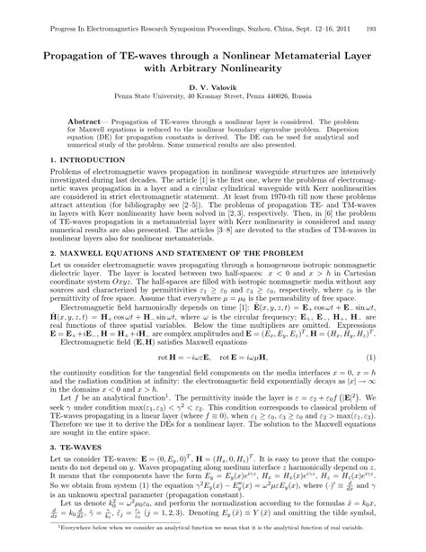 Pdf Propagation Of Te Waves Through A Nonlinear Metamaterial Layer