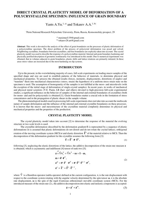 Pdf Direct Crystal Plasticity Model Of Deformation Of A Polycrystalline Specimen Influence Of