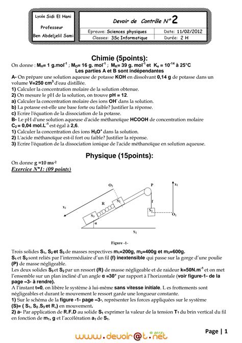 SOLUTION Devoir De Contr Le N Corrig Sciences Physiques Ph Dune Solution Aqueuse Rfd Dun