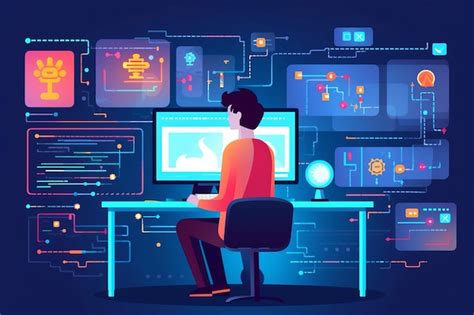 premium ai image man is sitting by computer programming and coding