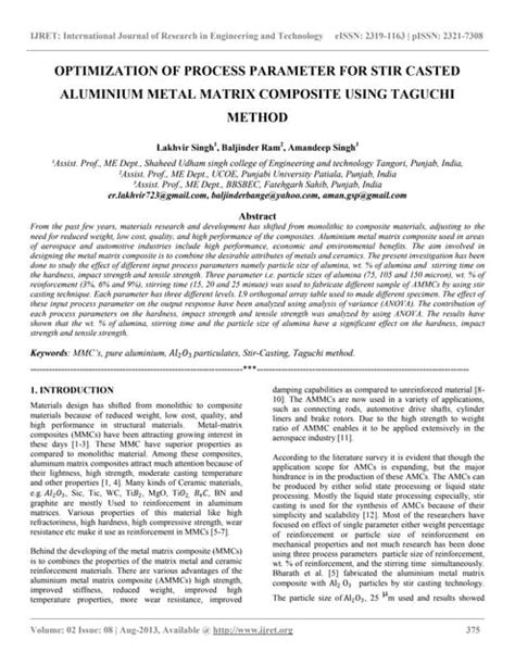 Optimization Of Process Parameter For Stir Casted Aluminium Metal Matrix Composite Using Taguchi