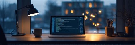 Laptop With Programming Code On Screen In A Modern Office With Night