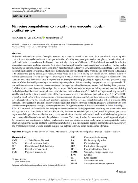 Managing Computational Complexity Using Surrogate Models A Critical