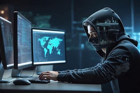 Premium Photo Side View Of Hacker Using Computers At Desk With