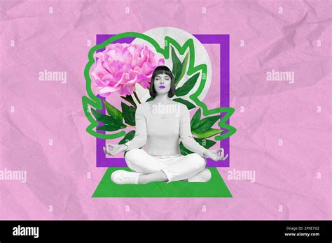 Collage 3d Pinup Pop Retro Sketch Image Of Dreamy Smiling Lady Enjoying Flower Yoga Isolated