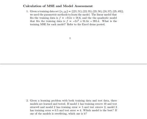 Solved Calculation Of MSE And Model Assessment Given A Chegg Com