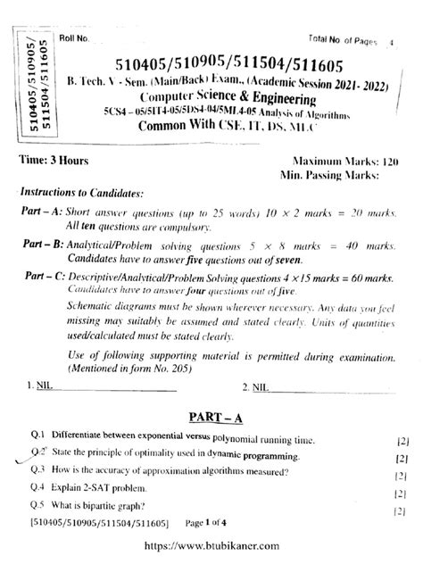 Btech Cs It 5 Sem Analysis Of Algorithms 510405 2022 Pdf
