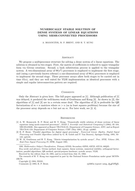 Pdf Numerically Stable Solution Of Dense Systems Of Linear Equations Using Mesh Connected