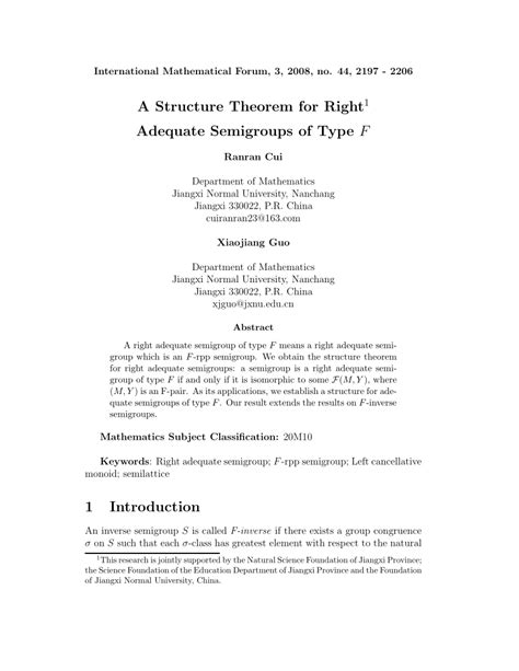 Pdf A Structure Theorem For Right1 Adequate Semigroups Of Type F