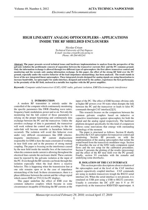 Pdf High Linearity Analog Optocouplers Applications Inside The Rf Shielded Enclosures