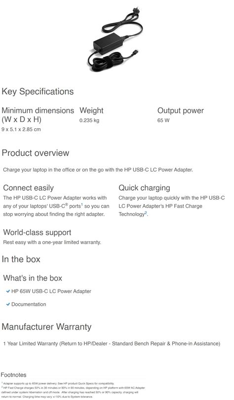 HP 65W USB C LC Power Adapter Hewlett Packard Laptop Accessories