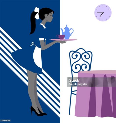 커피 포트와 컵이 담긴 쟁반을 들고 있는 젊은 웨이트리스가 있는 메뉴와 플래카드 템플릿 시계 테이블 의자가 있는 카페 인테리어 고풍스런에 대한 스톡 벡터 아트 및 기타